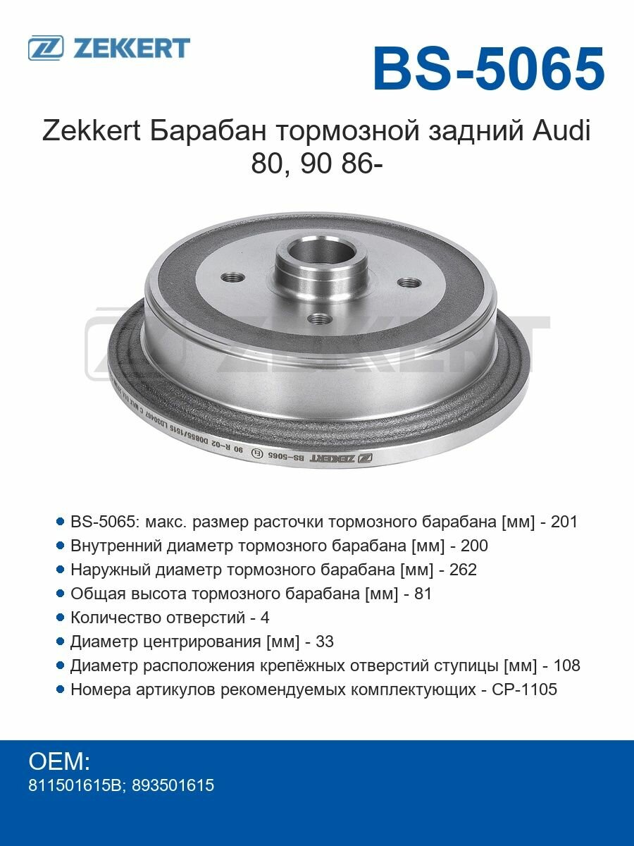 Zekkert Барабан тормозной задний Audi 80, 90 86-