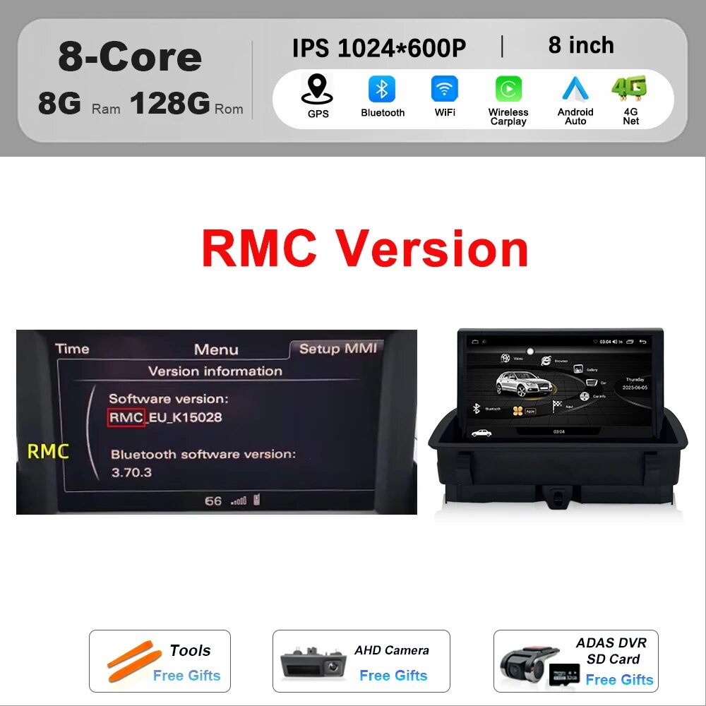 Беспроводной CarPlay Android 15 для Audi Q3 2011-2018 Автомобильный мультимедийный радионавигатор GPS WIFI Проводной автоматический DSP 8-дюймовый сенсорный экран RMC 8G 128G DVR