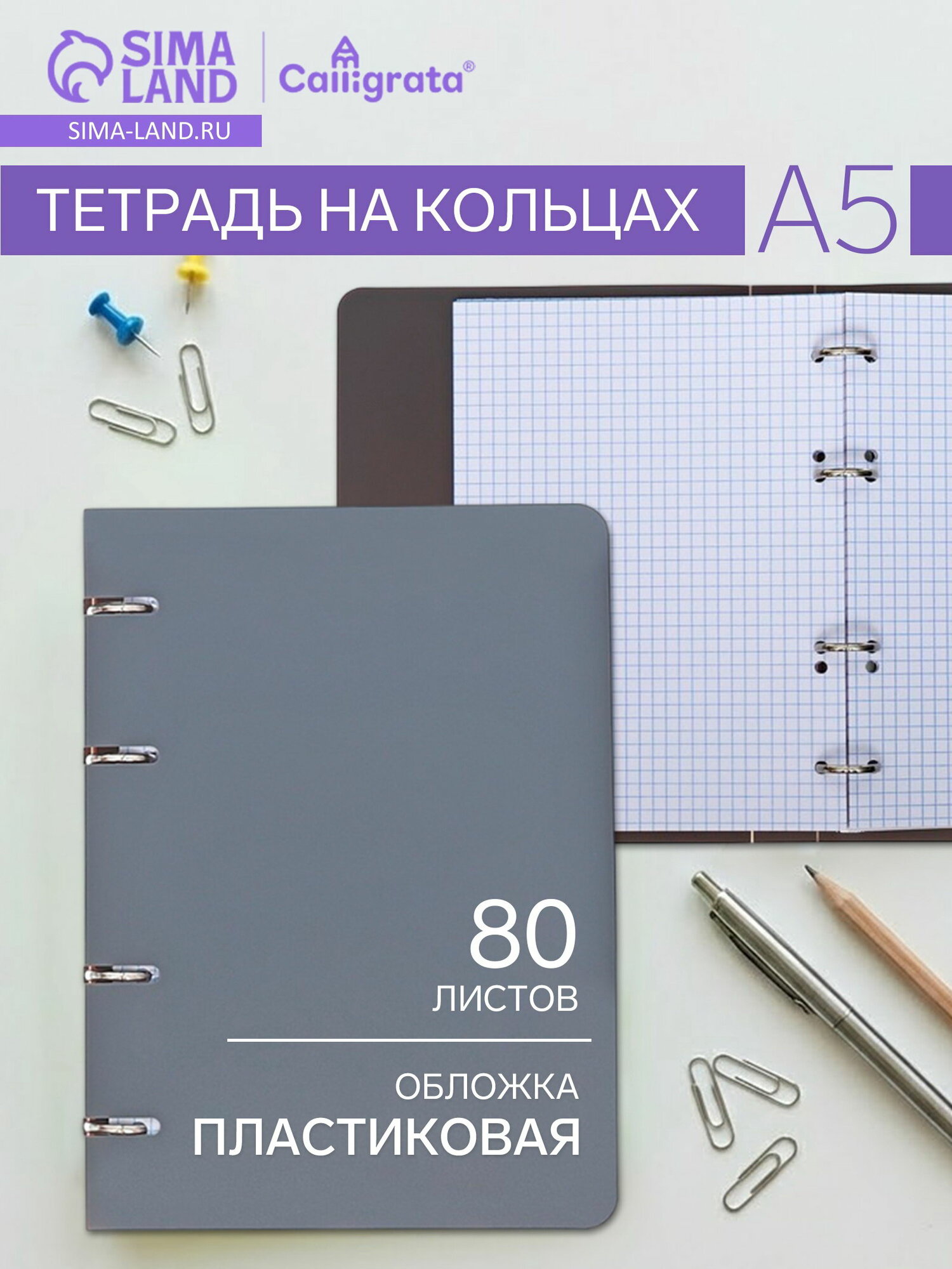 Тетрадь на кольцах A5, 80 листов, в клетку, пластиковая обложка, блок офсет, серая
