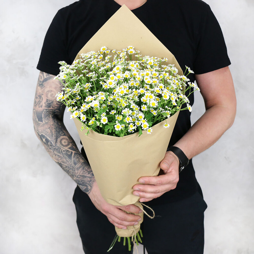 Букет живых цветов "Букет Маркет", из 15 ромашек, высота 55 см