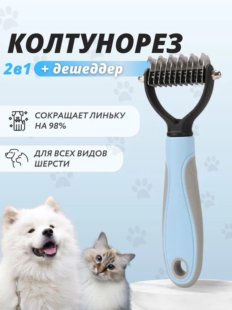 Колтунорез и дешеддер для кошек и собак 2в1 синий, размер S, Расческа пуходерка для животных,