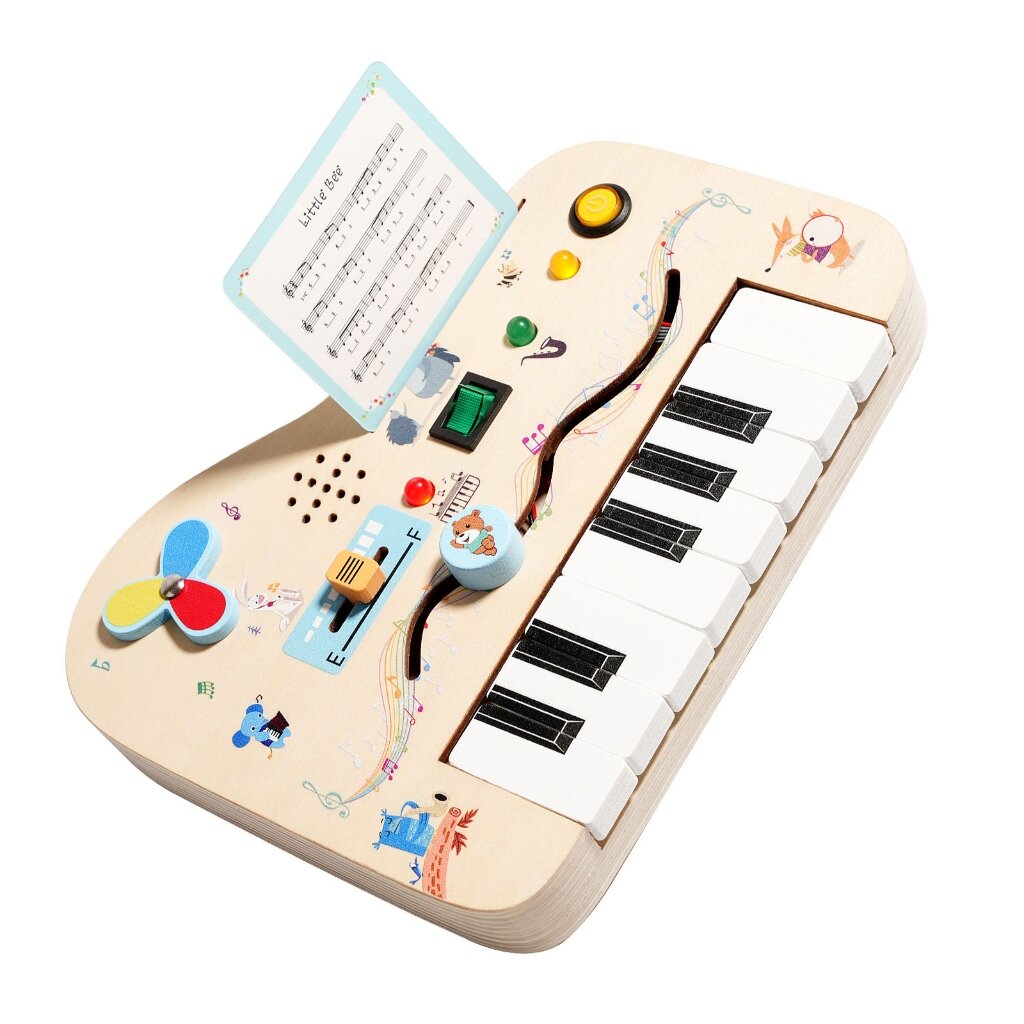 Деревянное музыкальное пианино, развивающая доска с LED-подсветкой и имитацией электрической схемы. Игрушка для раннего развития и сенсорного восприятия.