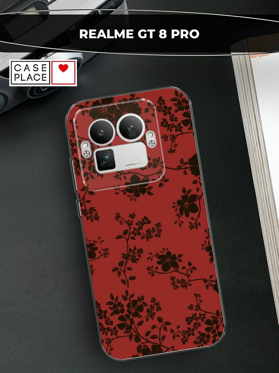 Чехол на Realme GT 8 Pro / Реалми GT 8 Про с принтом Черные цветы на красном