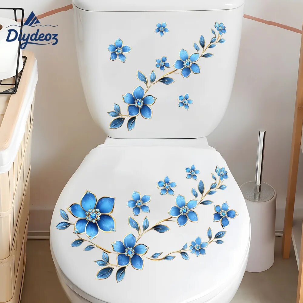 Наклейка на унитаз Голубые цветы , Узорчатый декор для ванной комнаты