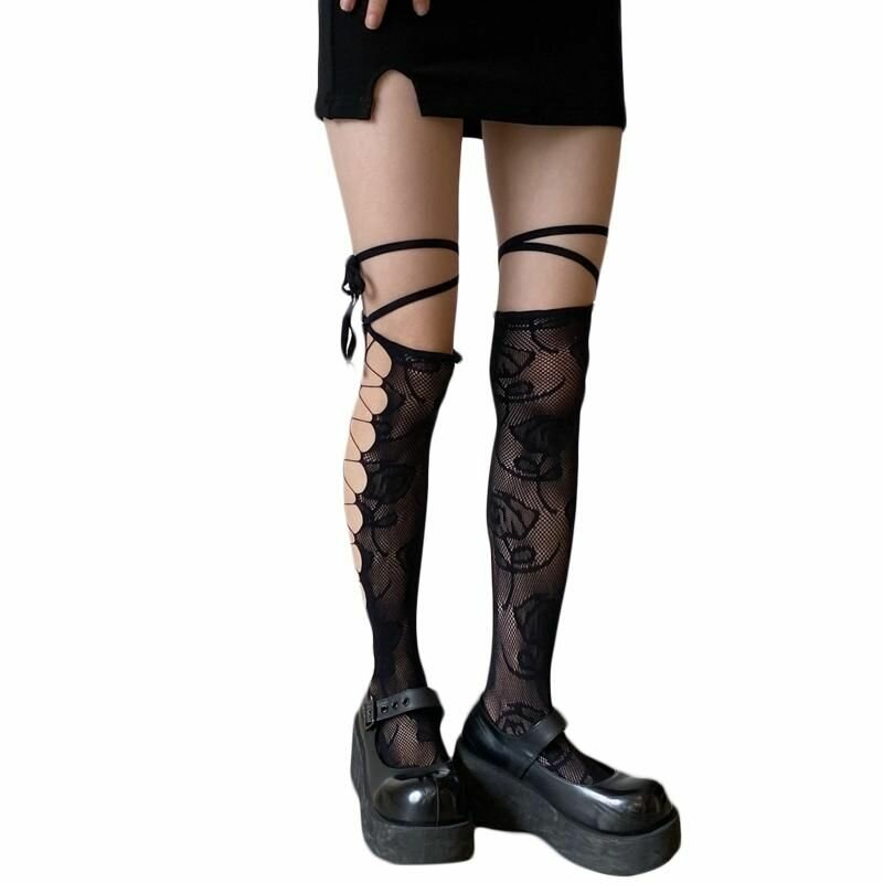 Летние тонкие женские ажурные гольфы в японском стиле с бантом, Черный