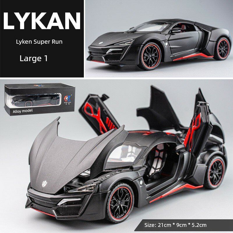 Большой масштабный алюминиевый модельный автомобиль Lykan HyperSport 1:24, матовый черный цвет, коллекционная игрушка