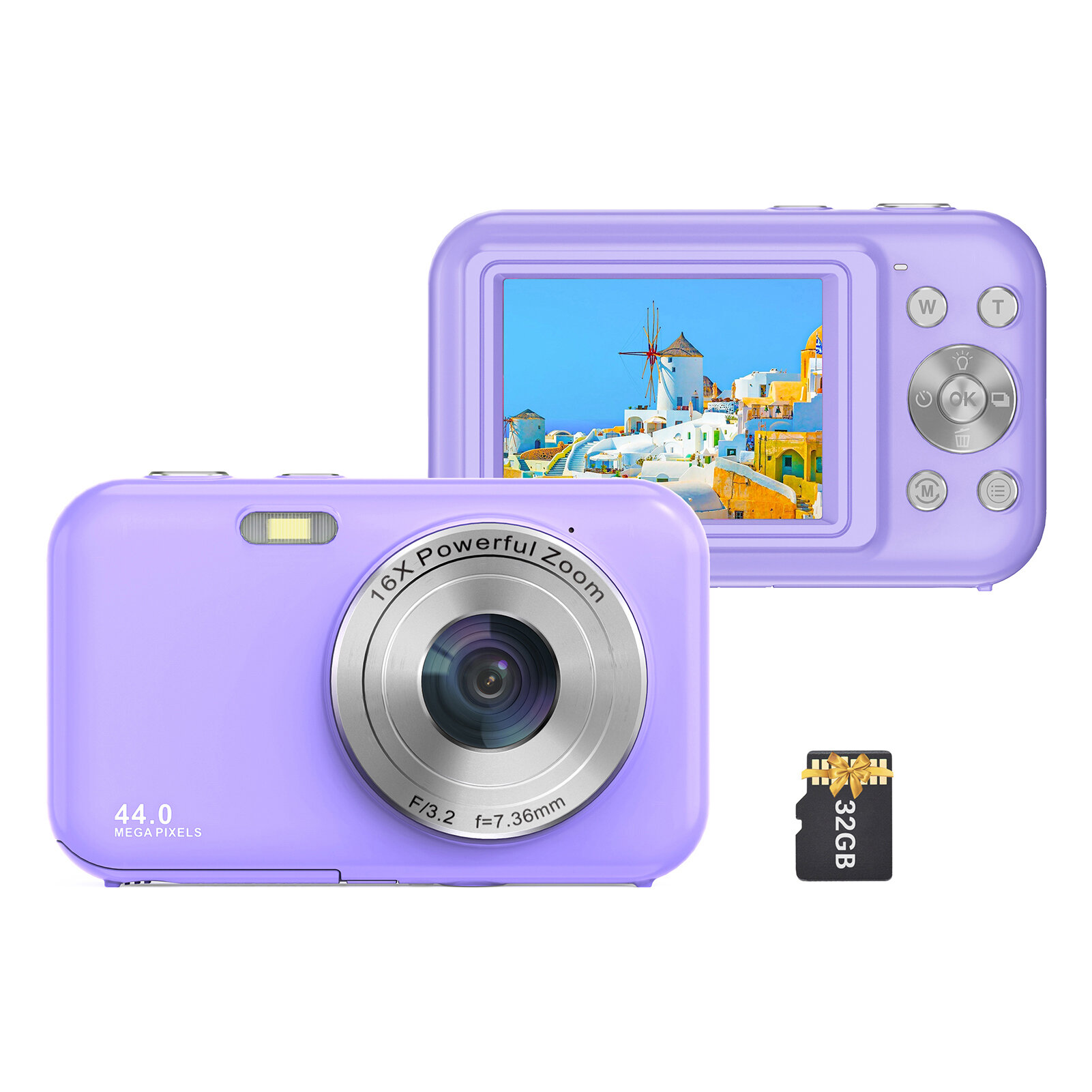 Портативная цифровая камера 1080P 44MP 16X цифровой зум автофокус самозапуск антидрожжка встроенная батарея с 32GB картой памяти черный зеленый розовый фиолетовый 2.4 дюйм IPS экран для детей мальчиков девочек подростков студентов