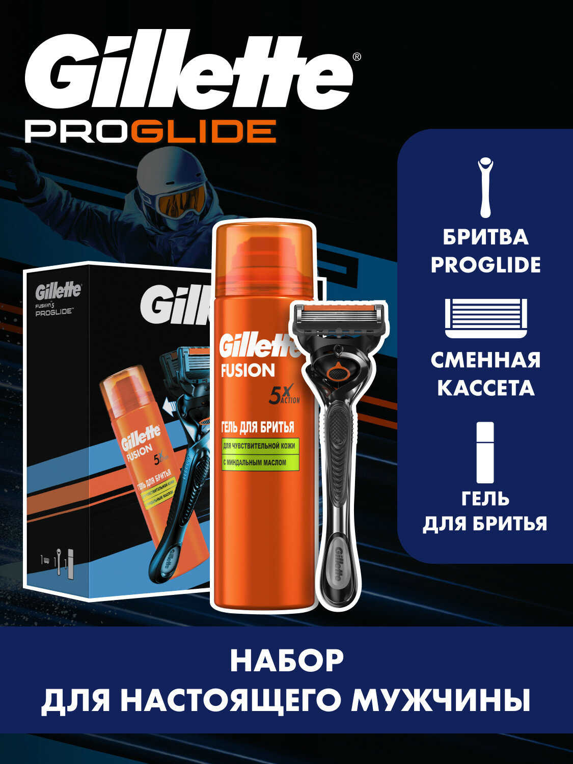 Мужской подарочный набор Gillette с бритвой Gillette Proglide и с гелем для бритья Gillette Fusion с миндальным маслом