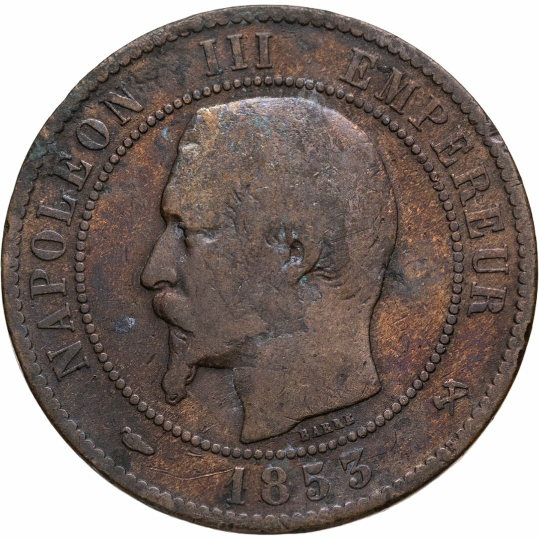 Франция 10 сантимов centimes 1853 B знак монетного двора: "B" - Руан, Бронза, в сохранности F