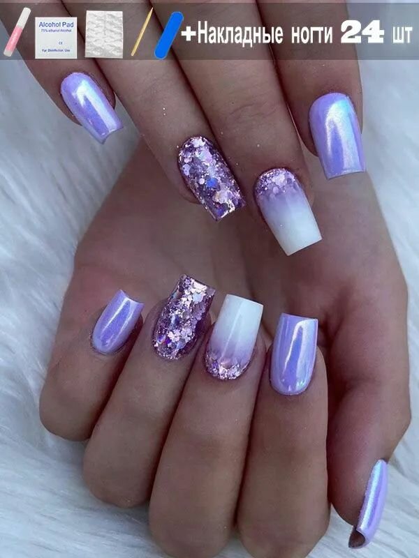 Набор Из 24 Штук Накладных Ногтей + Клей + 4 Инструмента, сверкающие Частицы, фиолетовые Блестки, Квадратные Накладные Ногти