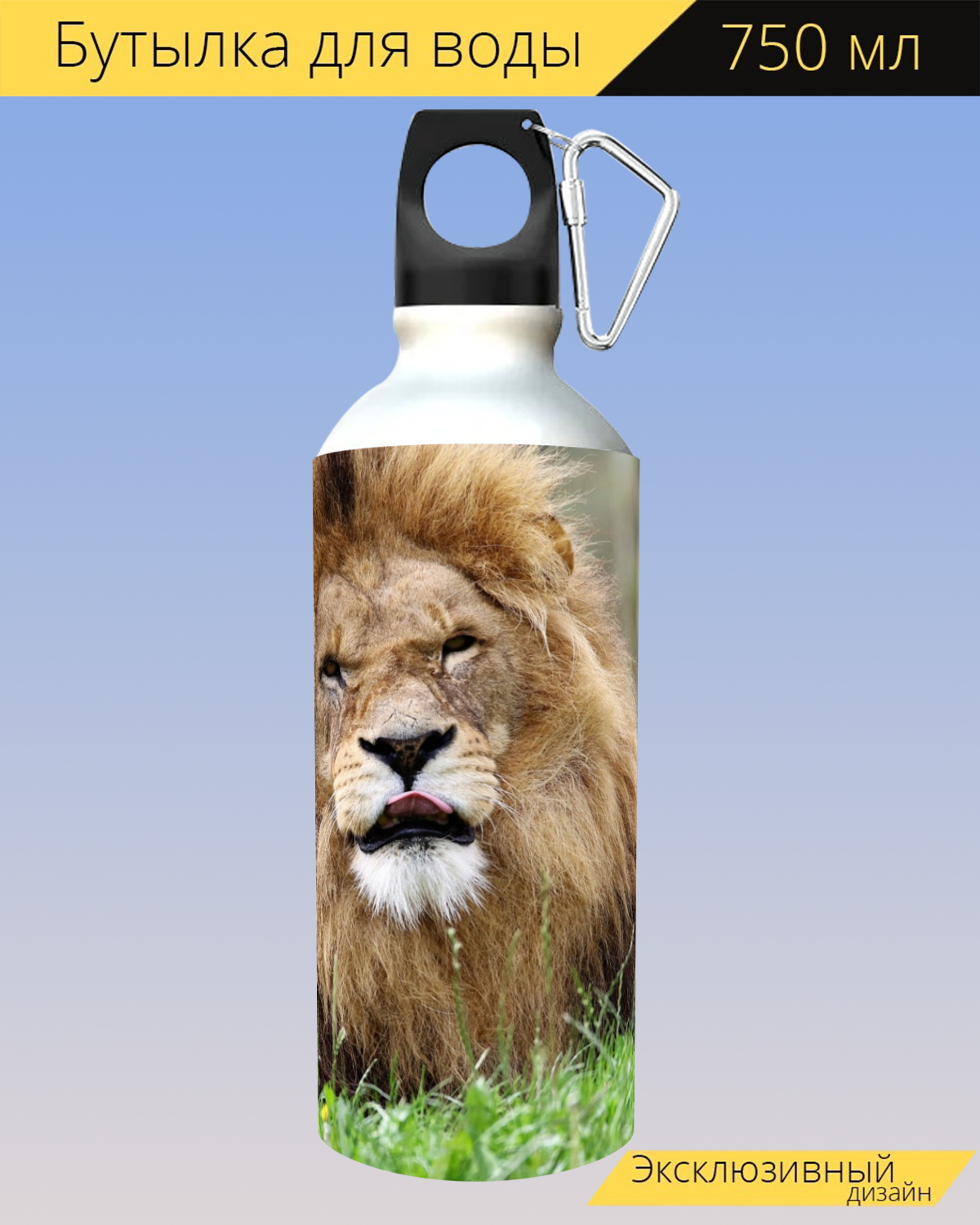 Бутылка фляга для воды "Лев, большой кот, большой" 750 мл. с карабином и принтом
