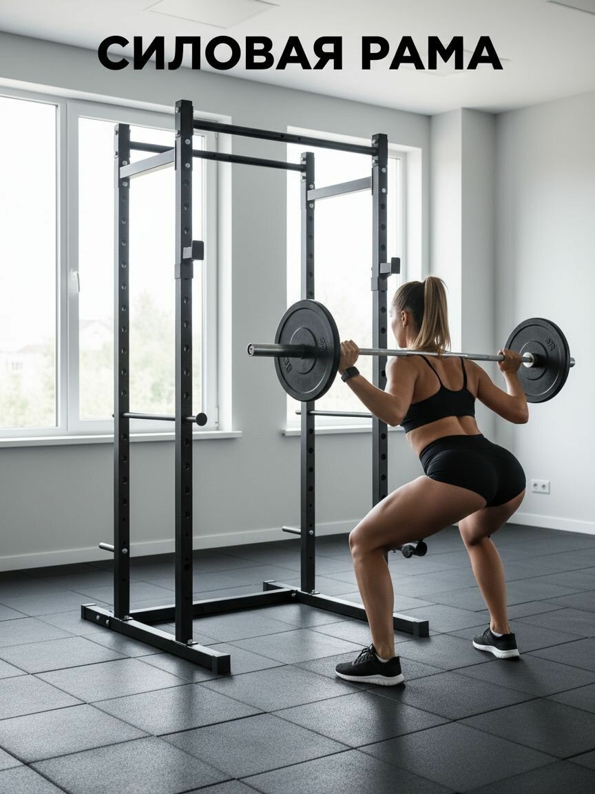 Силовая рама с верхним и нижним блоком для тяги и стойка для штанги для приседа напольная тренажер кроссовер