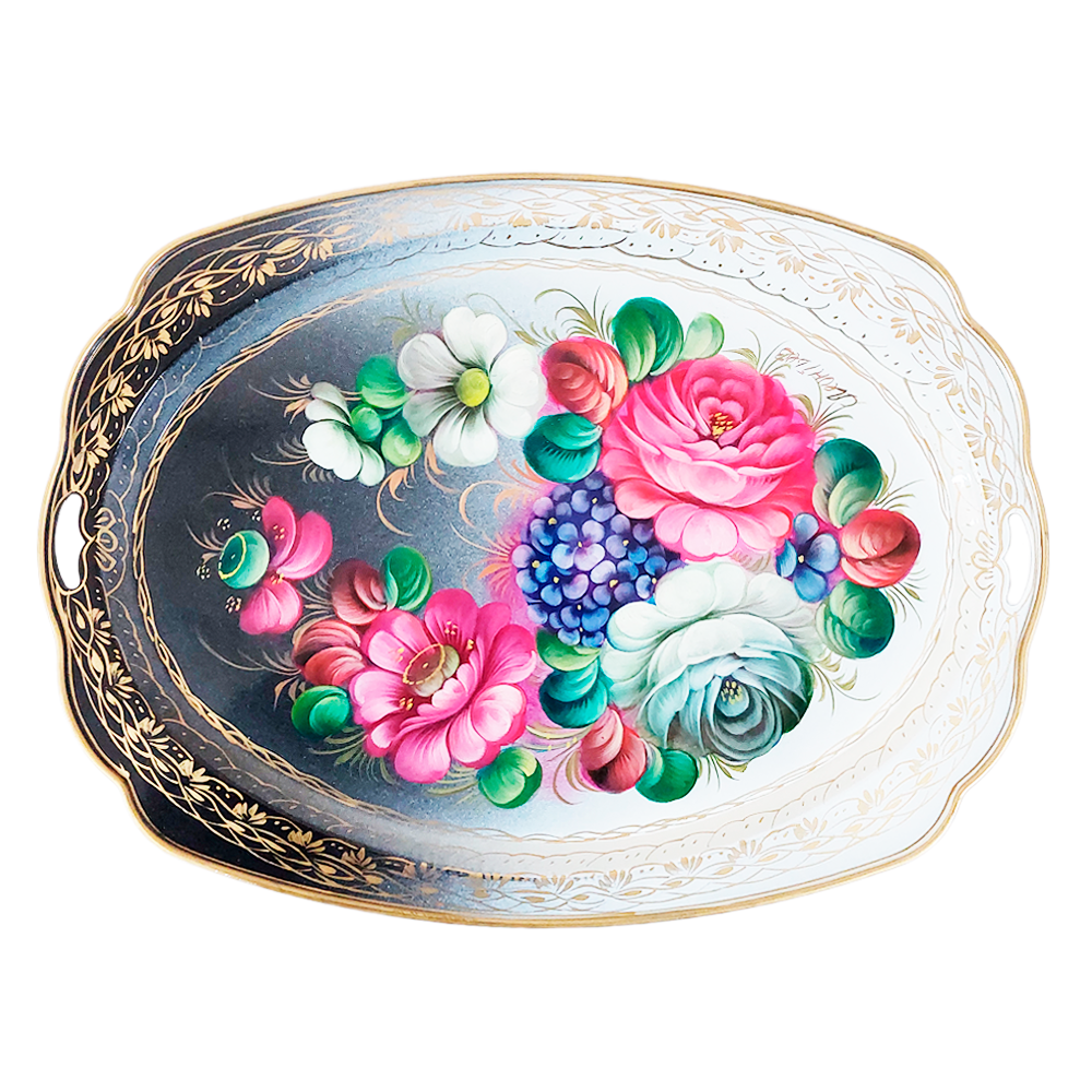 Поднос металлический, овальный, "Звездная ночь", жостово 40/30см.