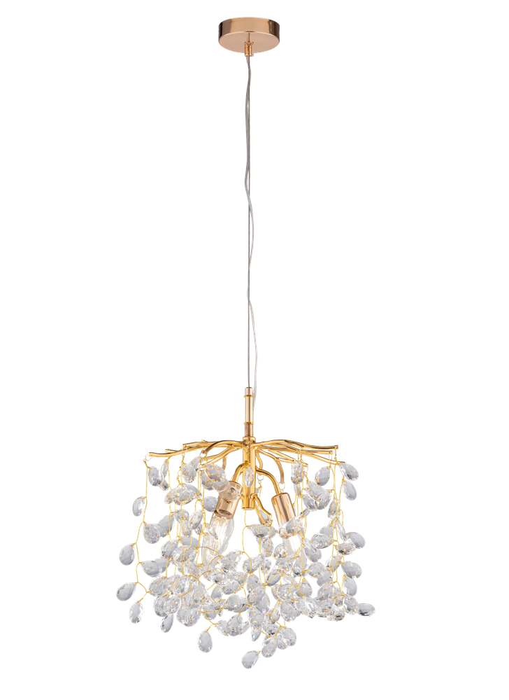 Люстра Cristallo хрустальная подвесная золото с прозрачным хрустальным декором на 3 лампы E14, регулировка по высоте