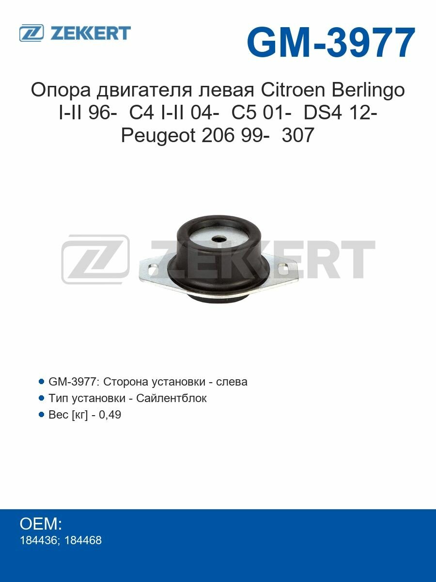 Zekkert Опора двигателя левая Citroen Berlingo I-II с 1996 года C4 I-II с 2004 года C5 с 2001 года DS4 с 2012 года Peugeot 206 с 1999 года 307