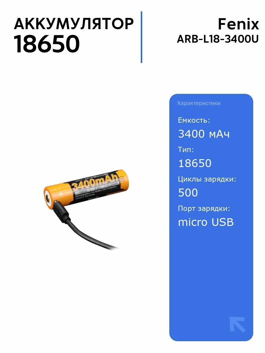 Аккумулятор Fenix ARB-L18-3400U 18650, Li-Ion, 3400 мАч, USB зарядка, 500 циклов, защита от короткого замыкания