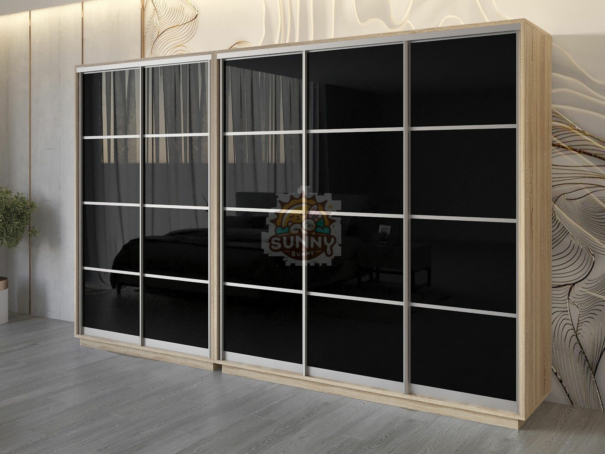 Шкаф-купе Флорида 5дв. (2+3) Стекло черное, профиль серебро, 300х60х220 см. Сонома