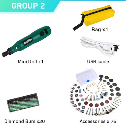 Мини дрель с набором Diamond Burs x30 и Accessories x75, Green -105pcs