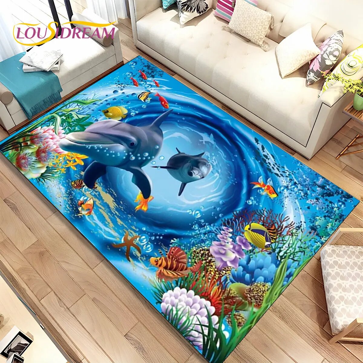 Ковёр 3D морской мир, дельфины, 80x120см, бирюзовый
