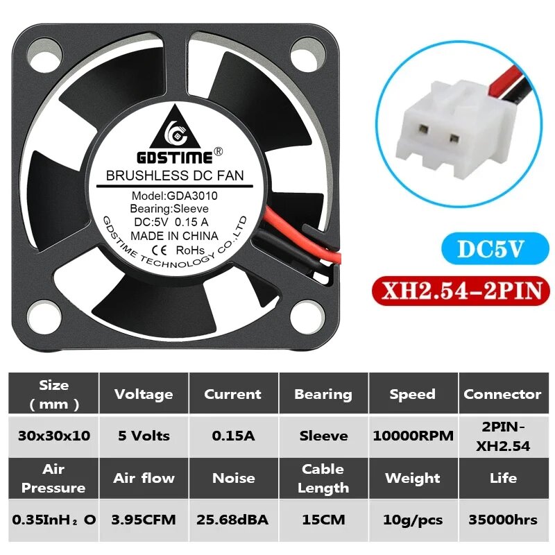 Вентилятор Gdstime 30x30x10 мм, 5V, Sleeve, 2p2.54