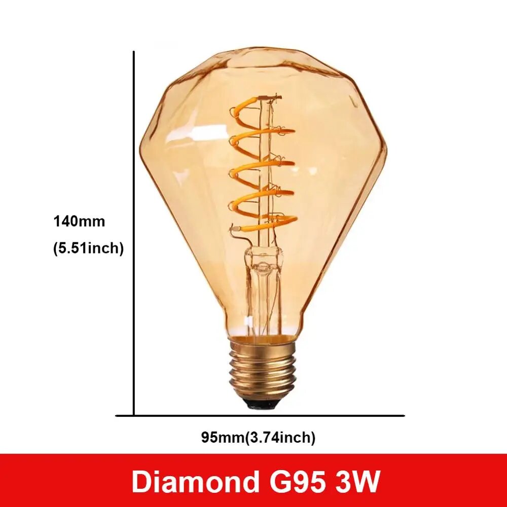 Спиральные светодиодные лампы Эдисона C35 T25 ST64 G80 G95 G125 4Вт 2200К Diamond 3W E27