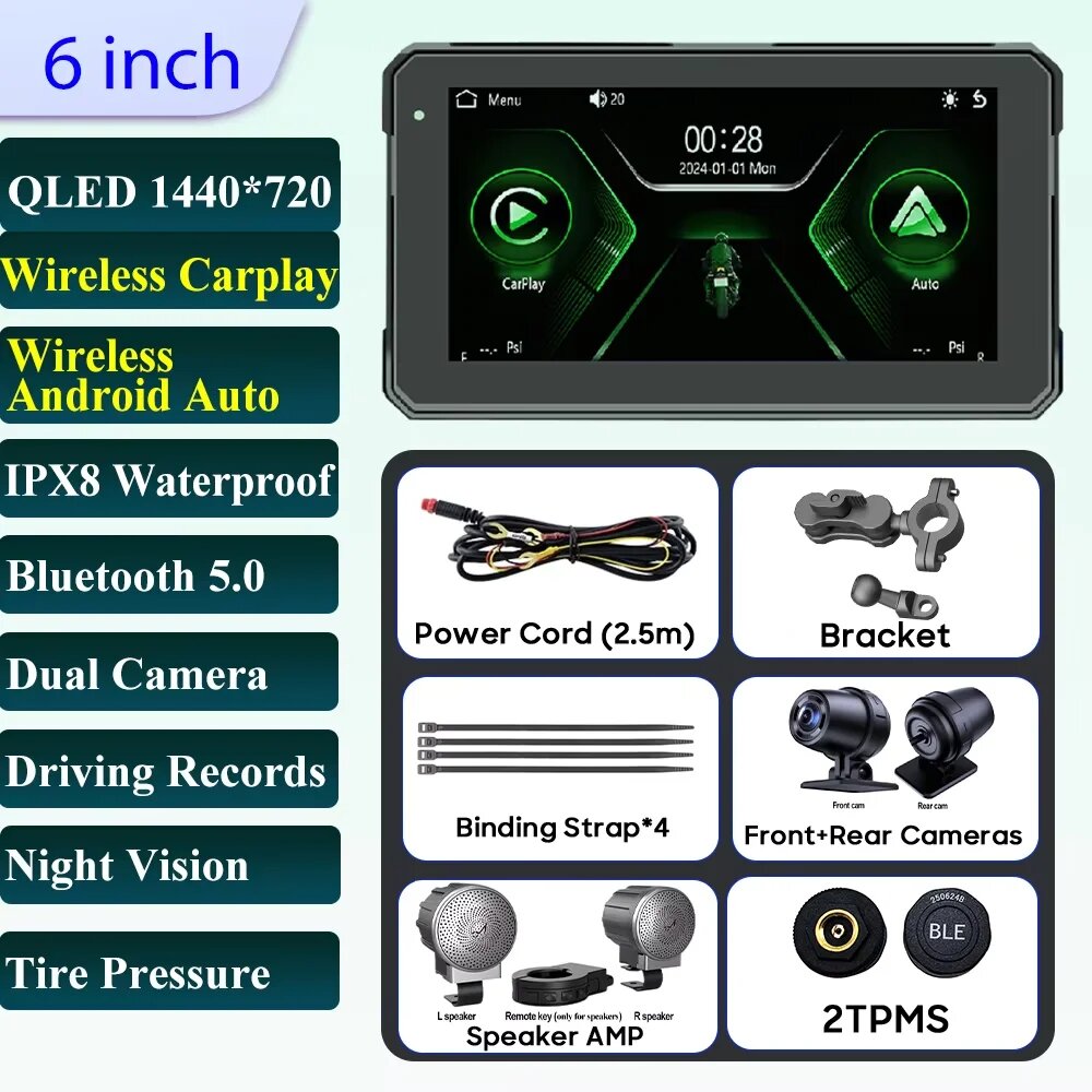 Carplay мотоцикл Android авто GPS навигация IPX8 водонепроницаемый для мото Screen-TPMS-AMP-DVR