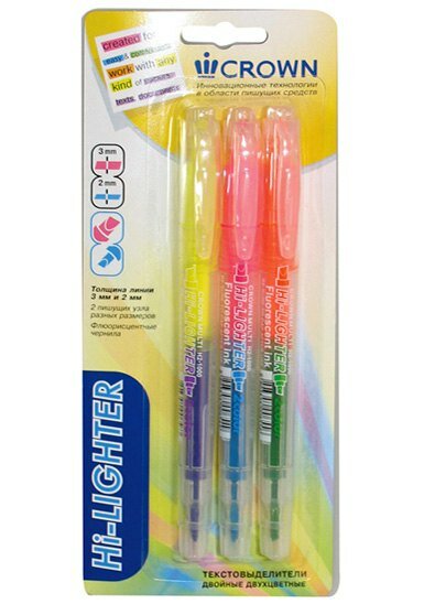 Текстовыделители Crown, двухсторонние 6 цветов 4/2 мм 3 штуки