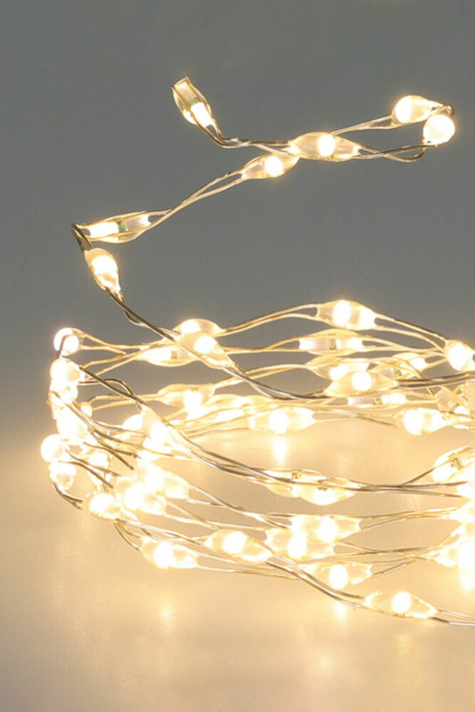 Гирлянда сияющие капли - макси, 66 тёплых белых big-micro-LED огней (крупные мини диоды), 1 м, таймер, серебряная проволока, батарейки, Koopman International AMZ800100