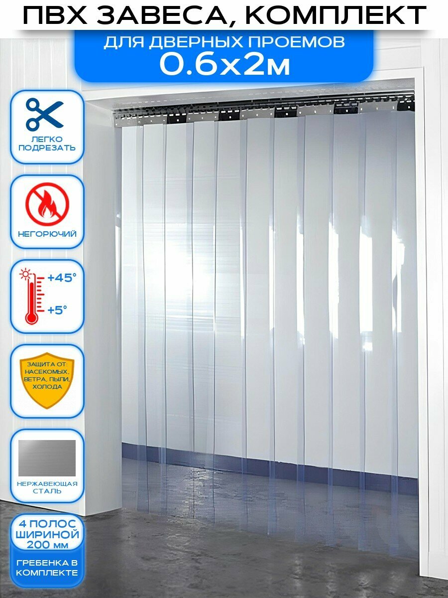 ПВХ завеса Готовый комплект для дверных проемов (крепления из нержавеющей стали) 0.6x2 м.