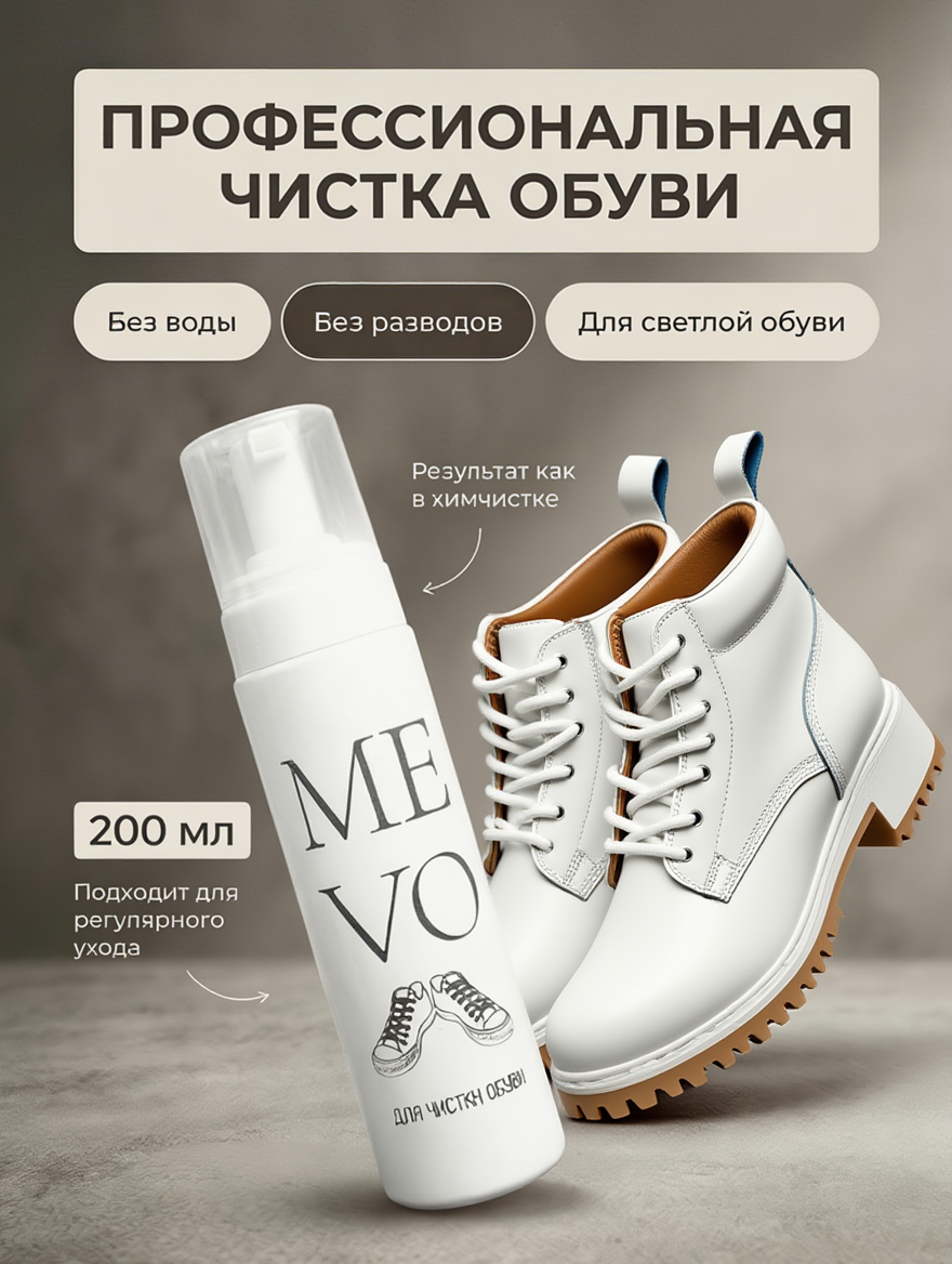Пенка для обуви ME-VO, белая, очищение, для гладкой кожи, нубука, замши, текстиля