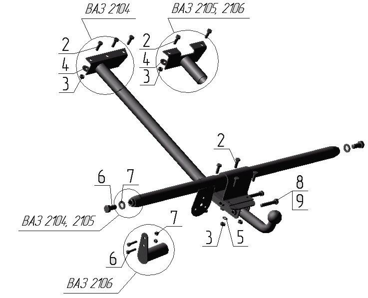Фаркоп для ВАЗ 2101, 2103, 2106 1970-2006 Тип шара: A. Нагрузки: 800/50 кг, VAZ-36