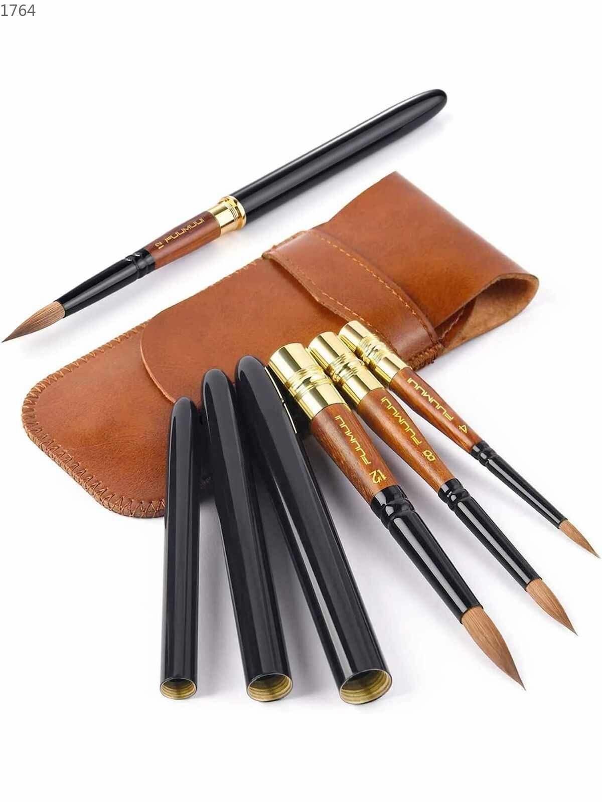 Акварельные кисти для путешествий, FUUMUUI 3 элегантные акварельные кисти из соболя с кожаным чехлом карманного размера157