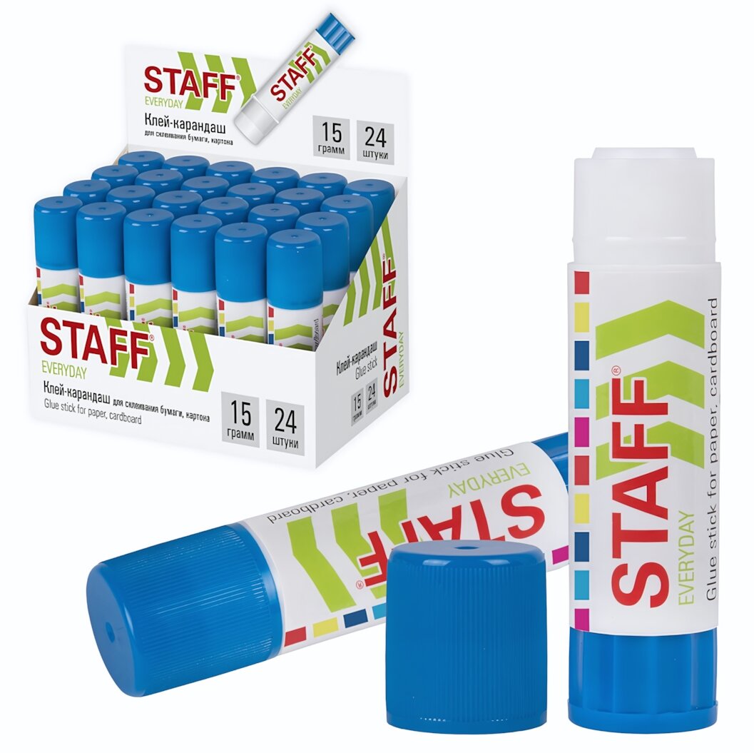 Клей-карандаш "STAFF EVERYDAY" 15г, для бумаги/картона, безопасный, не пачкает