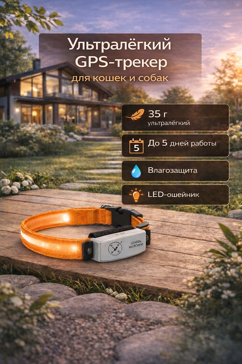 GPS/GSM трекер 911 для собак и кошек с LED-ошейником, до 5 дней работы, 35 г, влагозащита, морозостойкий