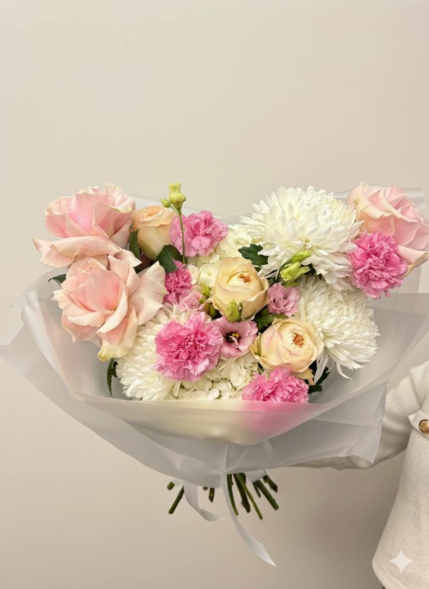 Букет «Легкость» из гвоздики, гортензии, розы французской, эустома, роза пионовидная