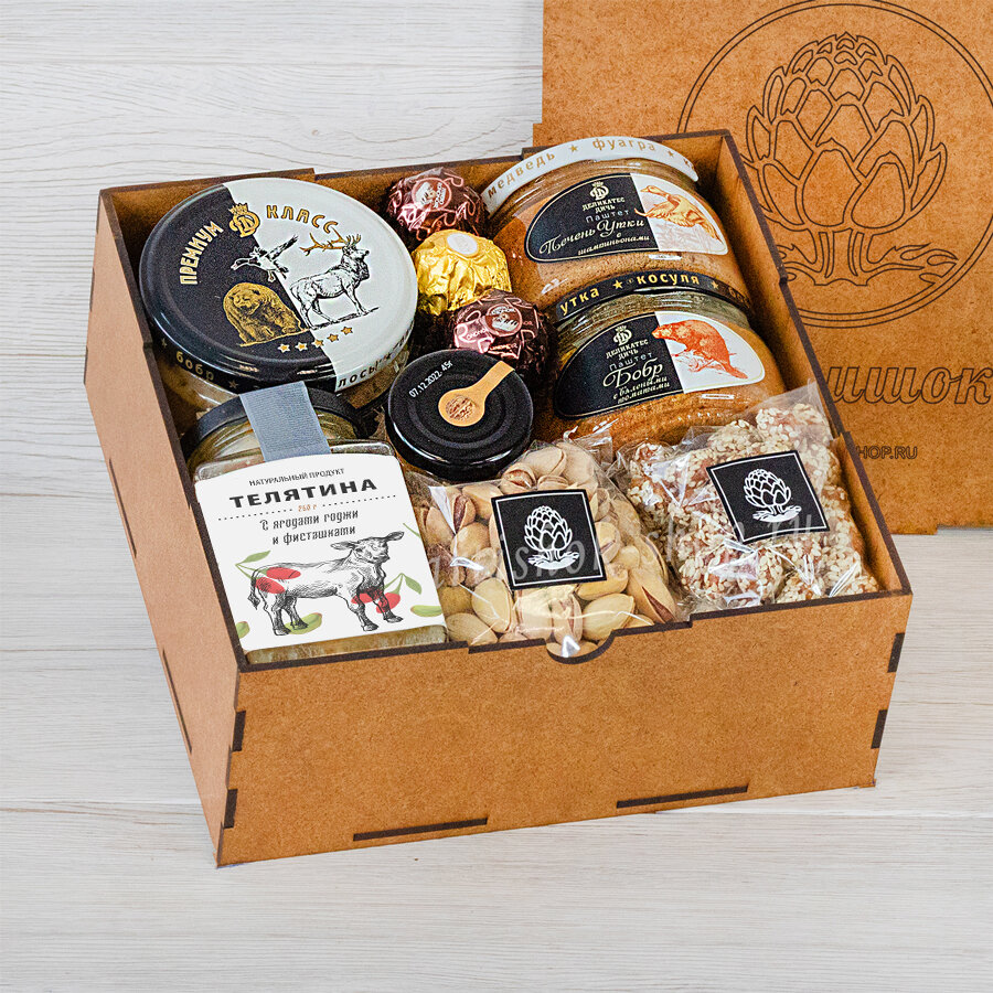 Подарочный набор в деревянном боксе ART-Box с риетами, паштетами и томленым мясом #1245