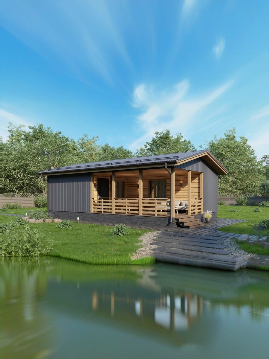 Проект дома ПСК-301 "Яхрома" 1 этаж, модульный/туристический дом с 3 секциями, 2 санузлами и большой террасой. Подходит для глэмпинга, базы отдыха, гостевого дома, сдачи в аренду.