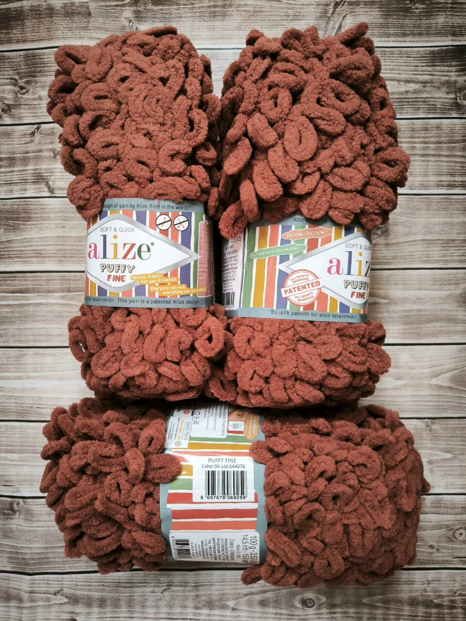 Пряжа Alize Puffy fine, набор 3 мотка, цвет 90 терракот, вес мотка 100 гр, длина нити 14,5 м, маленькие петельки / Ализе Пуффи файн