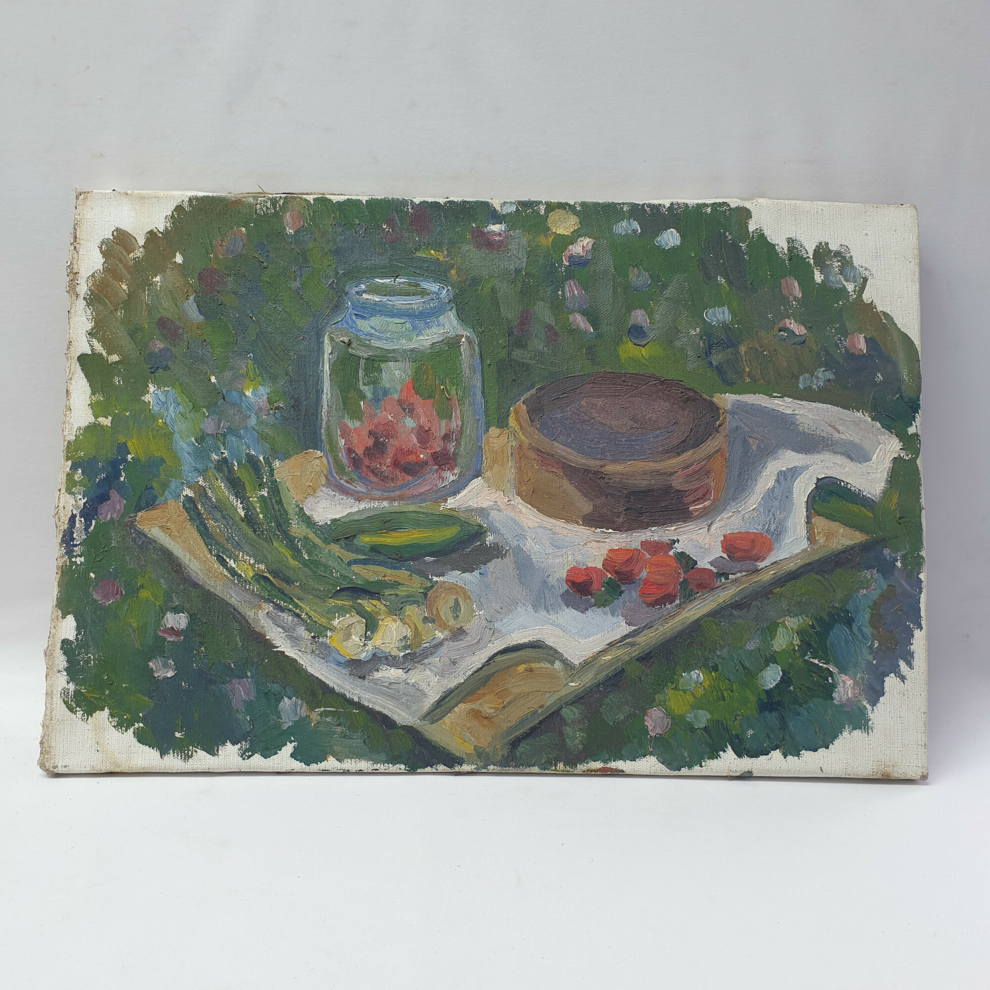 Винтажная картина Обед в поле, холст, масло, 40х60 см, без рамы СССР