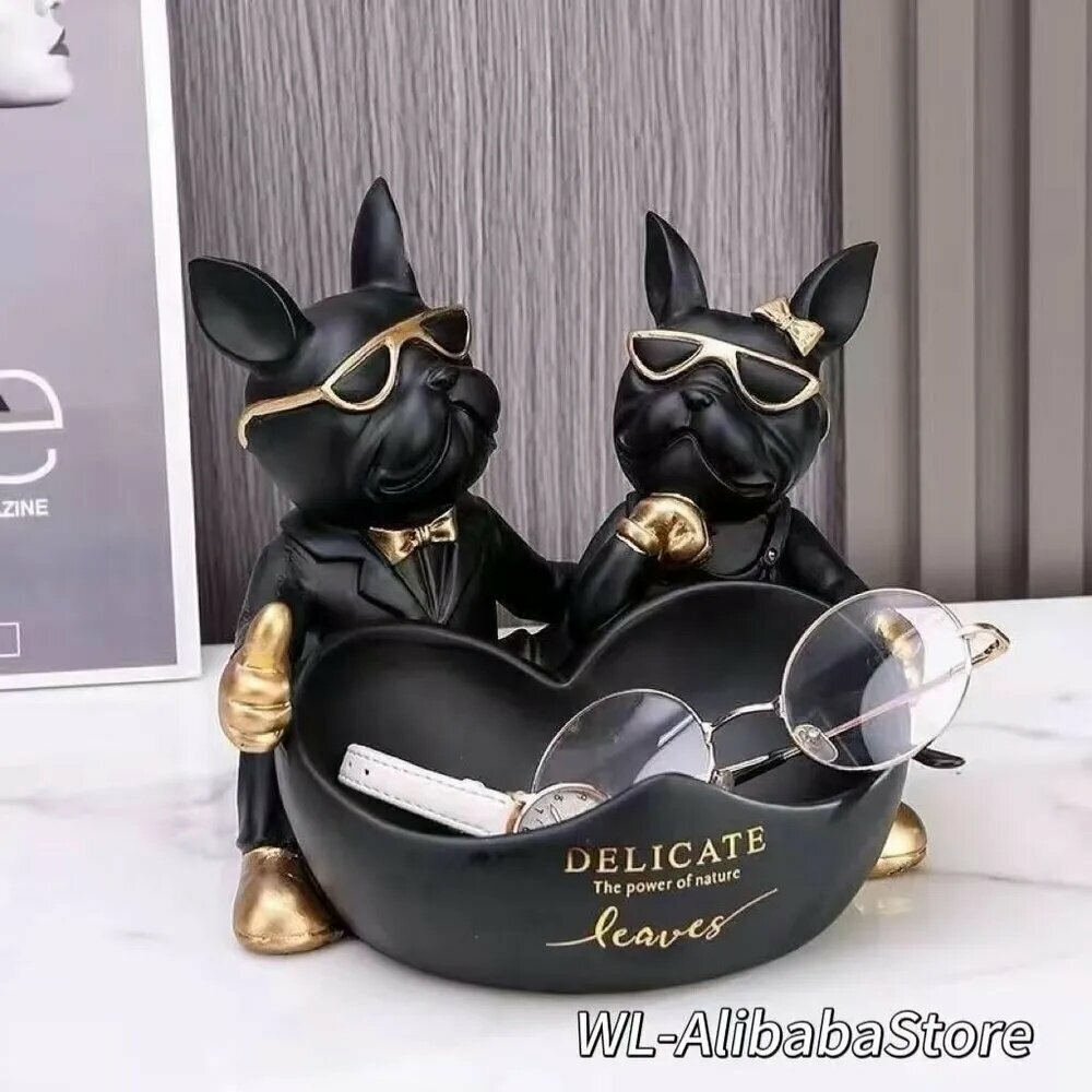 Cобака с подносом, конфетница, Статуэтка интерьерная французский бульдог в современном стиле, декоративная подставка для мелочей