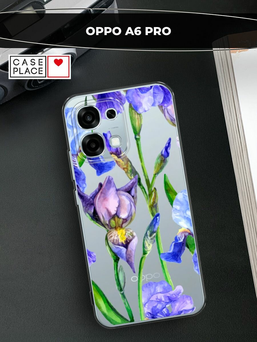 Чехол на Oppo A6 Pro / Оппо A6 Про с принтом Синие ирисы, прозрачный