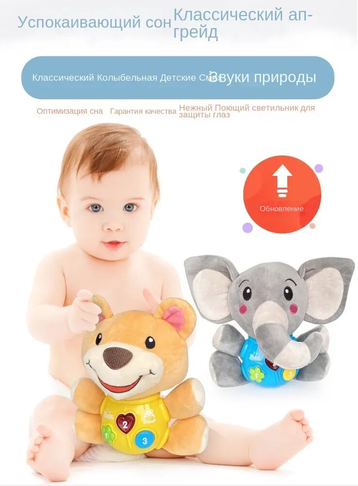 Игрушка детская развивающая Музыкальный Слоник для мальчика и девочки, мягкая плюшевая игрушка
