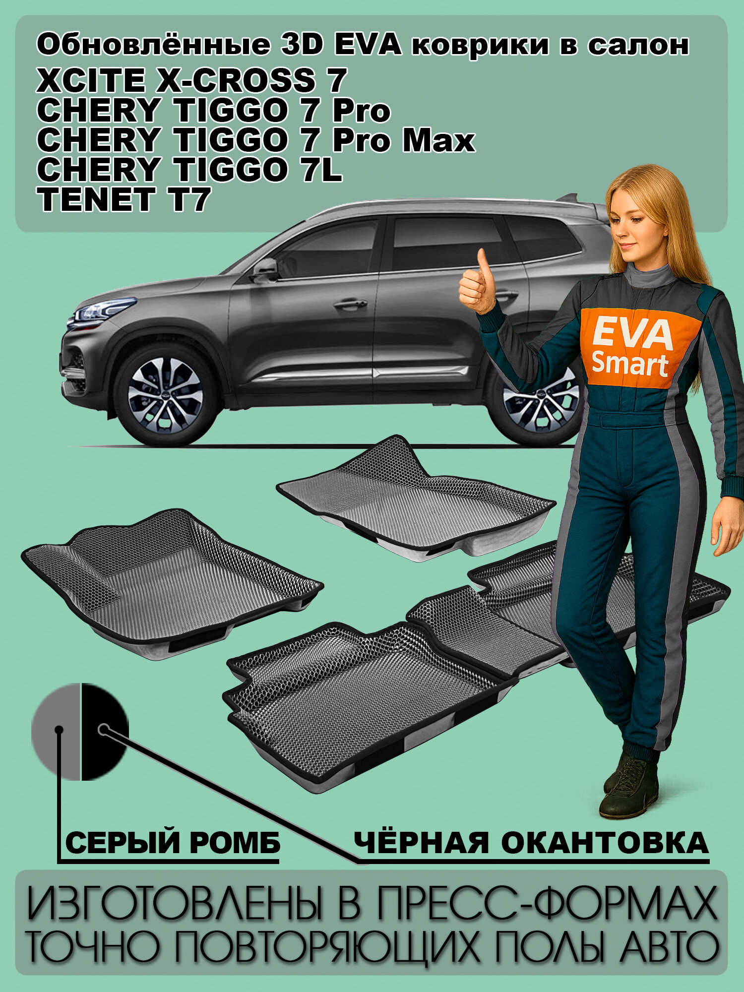 Серые EVA коврики ромб с чёрной окантовкой Xcite X-Cross 7 Иксайт, Chery Tiggo 7 Pro (Max), Chery Tiggo 7L Чери Тигго 7 Про (Макс), Tenet T7 ЭВА пресс борта
