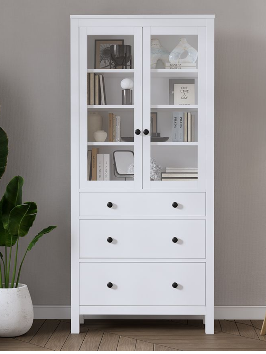 Шкаф витрина с 3 ящиками Хемнэс Hemnes/ Кымор, белая морилка, 90х197см