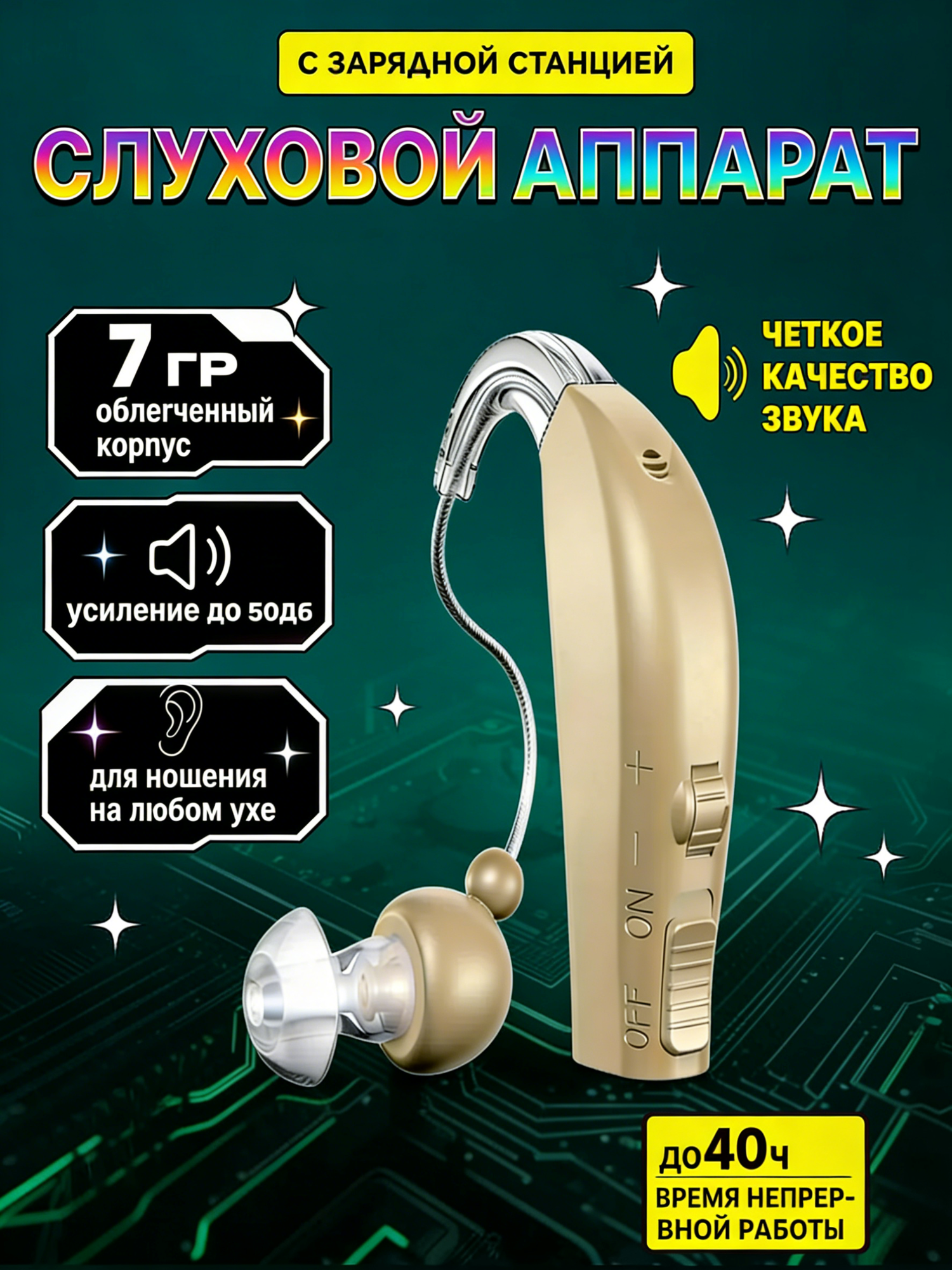Слуховой аппарат, усиление звука до 30Х, влагозащита, мягкие амбушюры