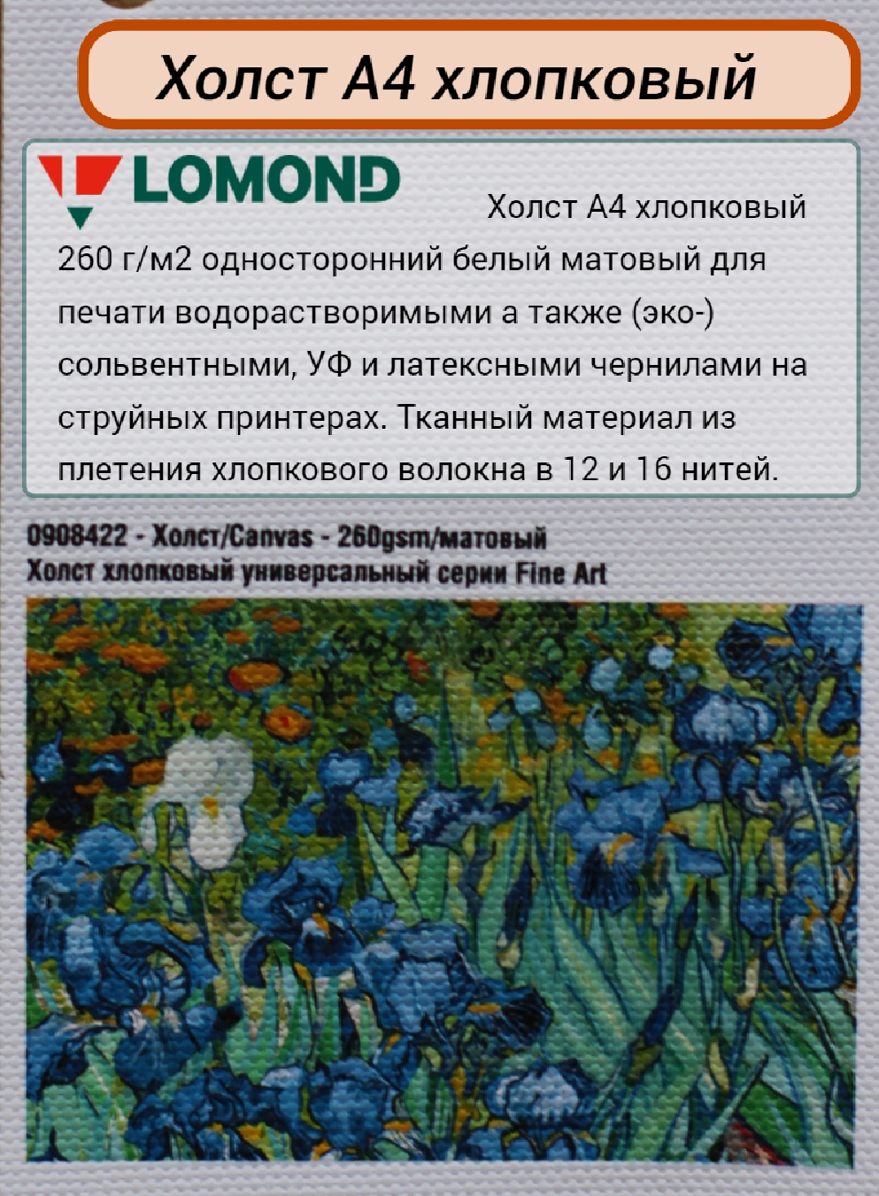 Холст для струйной печати Lomond хлопковый A4, 260 г/м2, 10 листов, матовый (0908422)