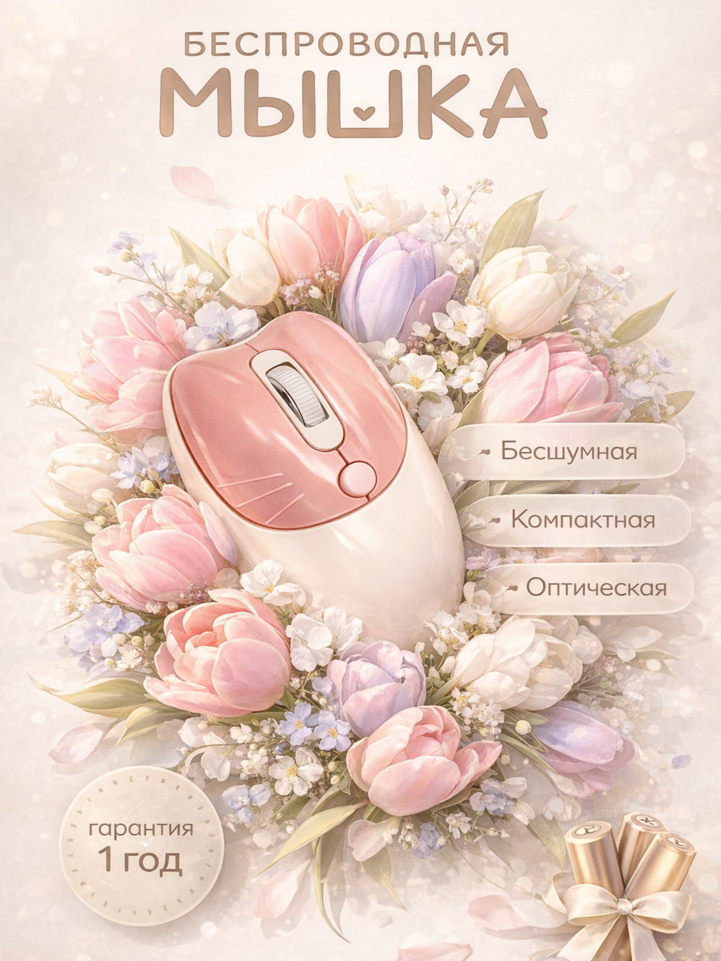 Компьютерная мышь беспроводная MOFii, универсальная , бесшумная, 4 клавиши, розовая, чувствительность 800/1200/1600 dpi