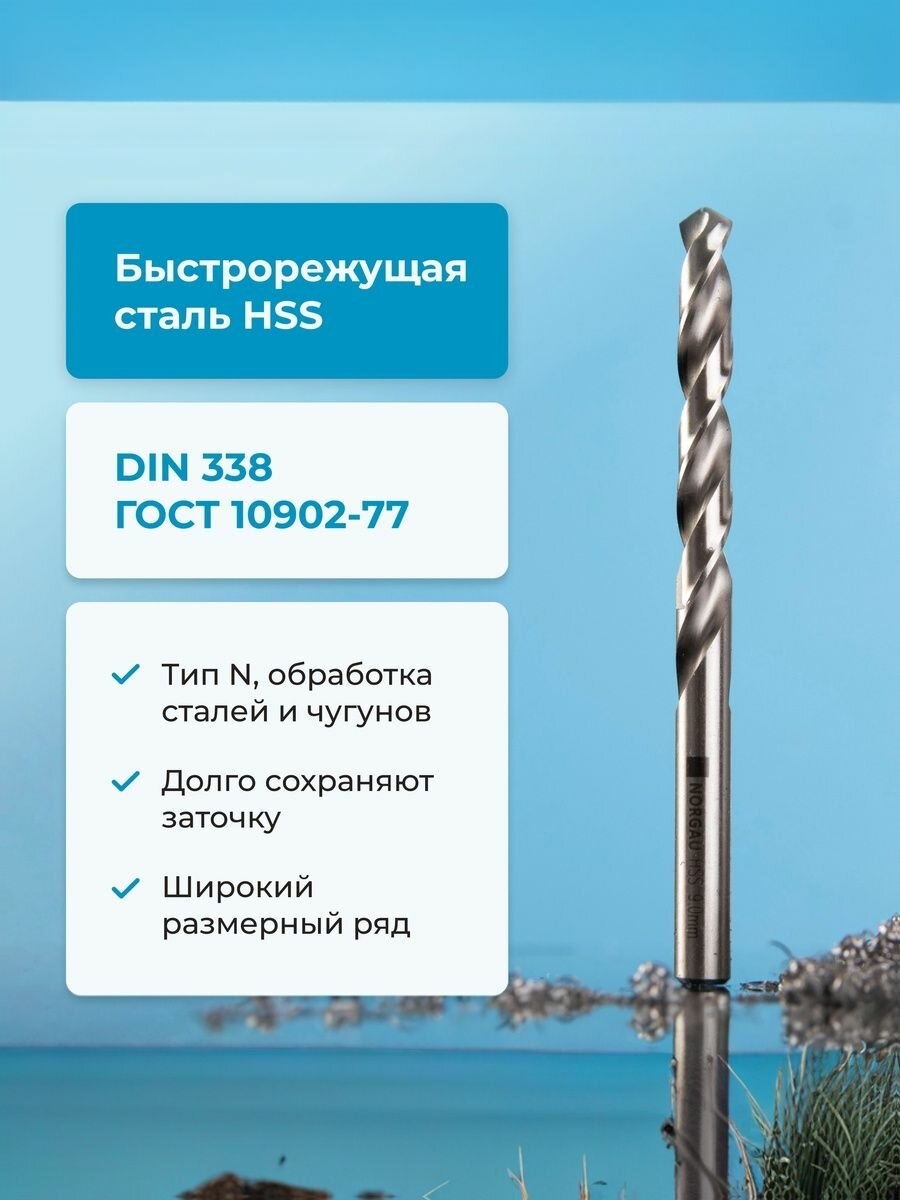 Сверло по металлу NORGAU Industrial, HSS спиральное правое с подточкой перемычки, DIN338, 5 мм