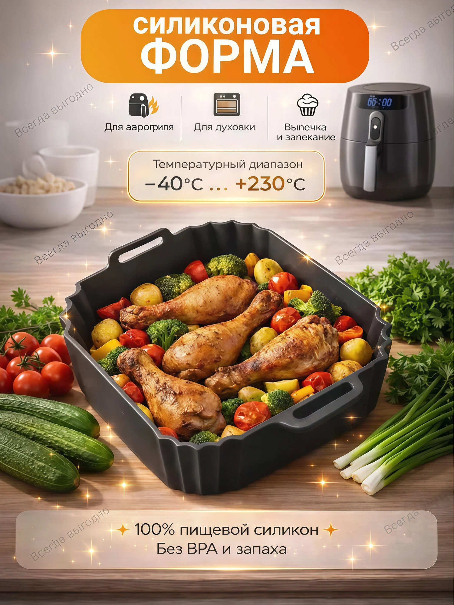 Форма для аэрогриля, силикон, 20x20 см, антипригарная, универсальная