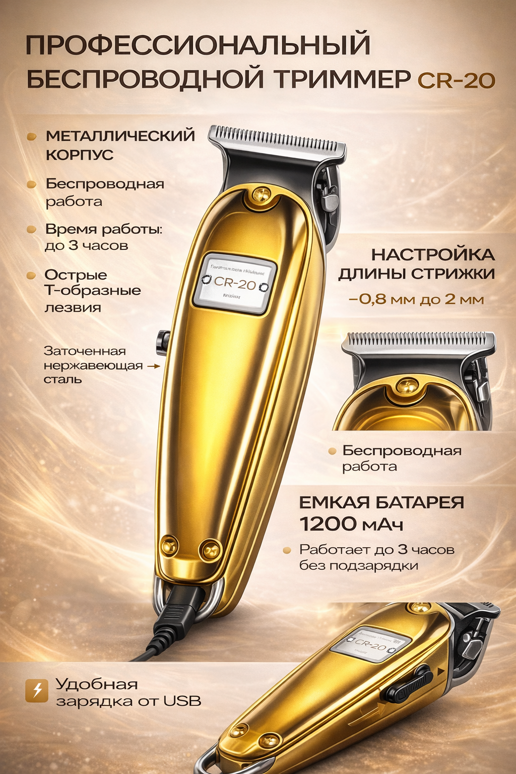 Профессиональный беспроводной триммер CR-20 металлический корпус T-образные лезвия 1200 мАч